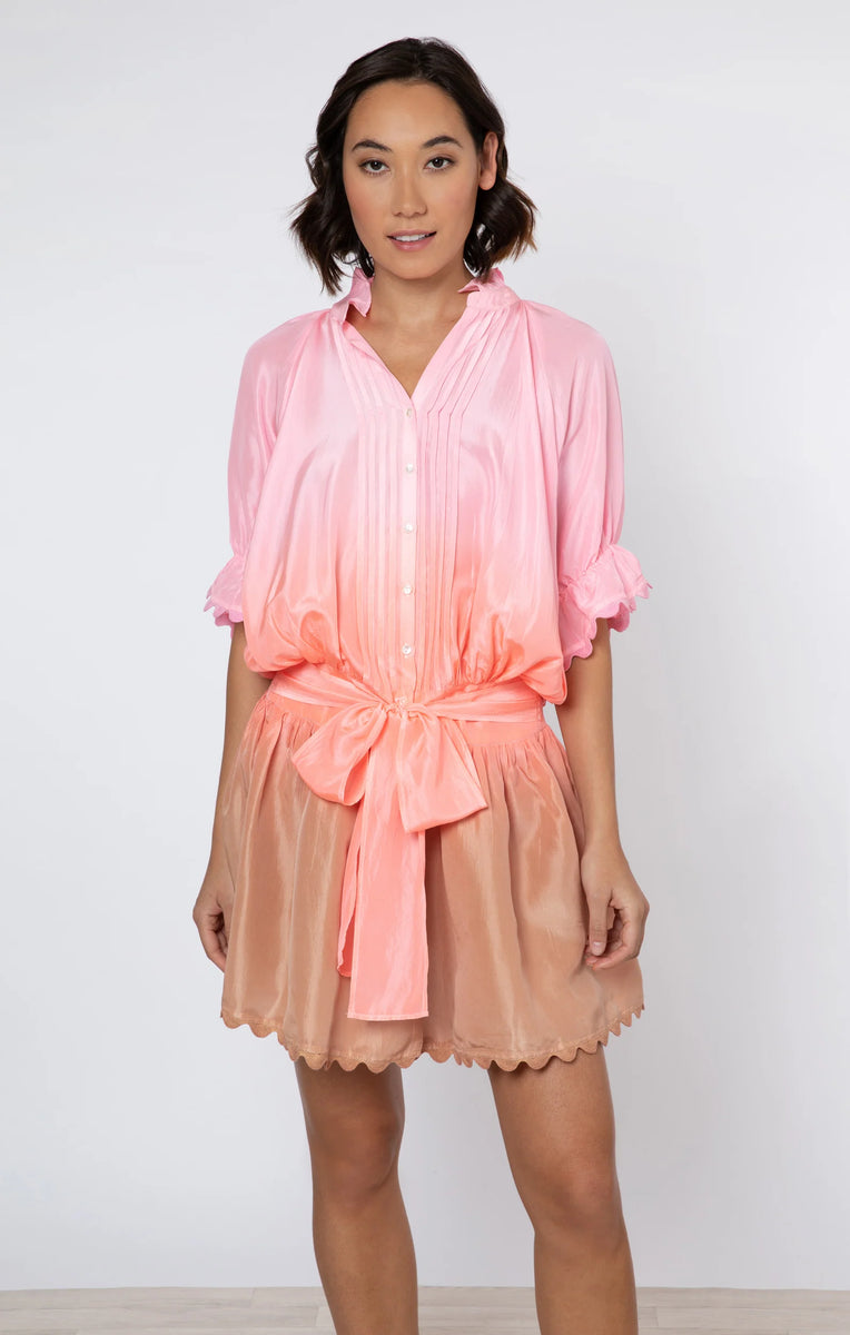 Ombre Dyed Blouson Dress With Ric Rac Trim Coral