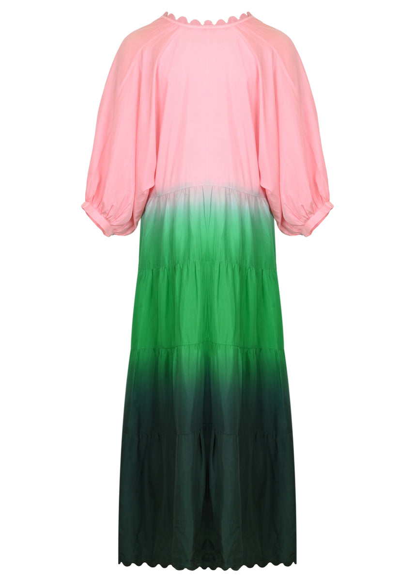Ombre Dyed V-Neck Loose Maxi Dress With Ric Rac Trim Green