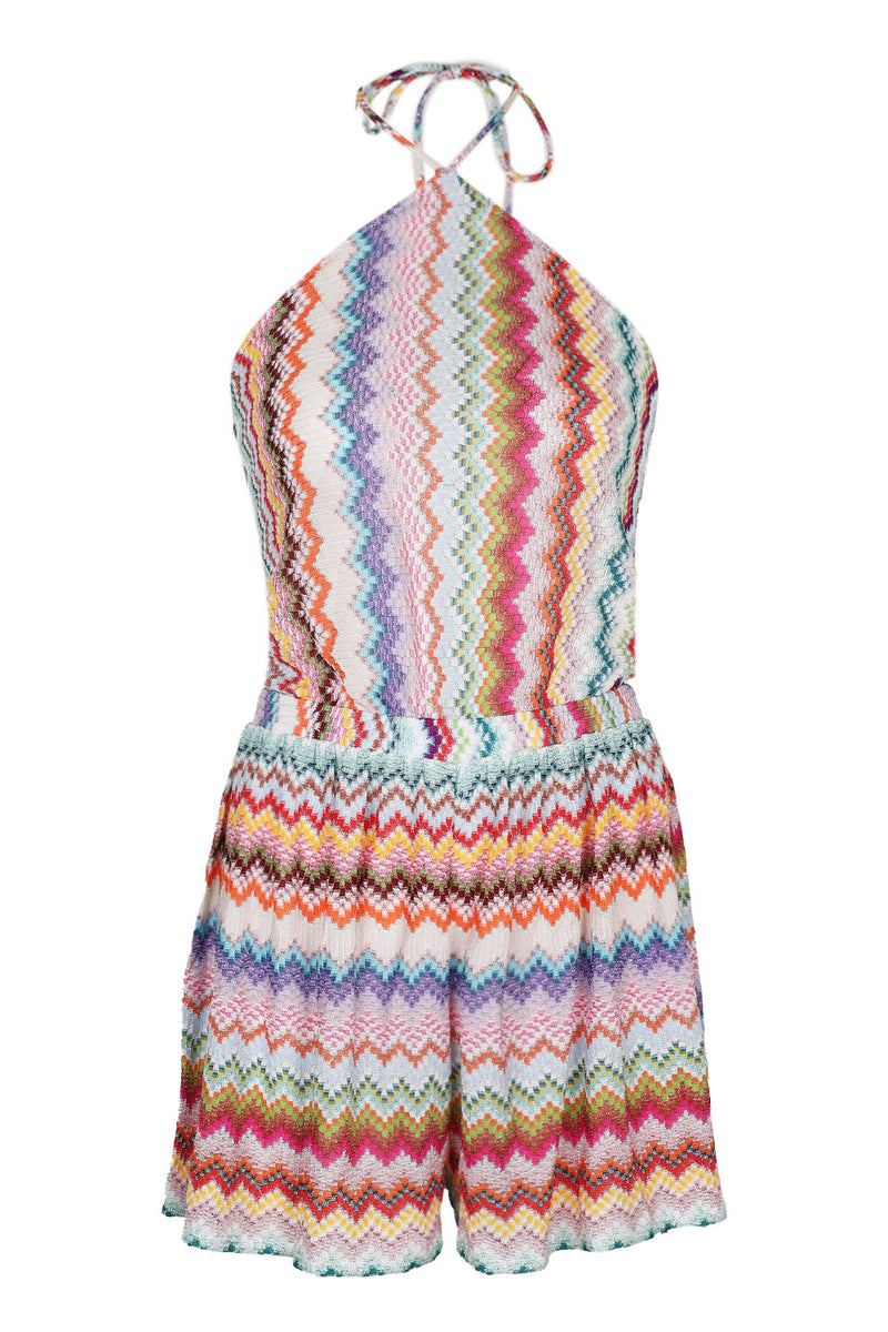 Short Jumpsuit in Lame Viscose with Pixel-effect Zigzag Pattern