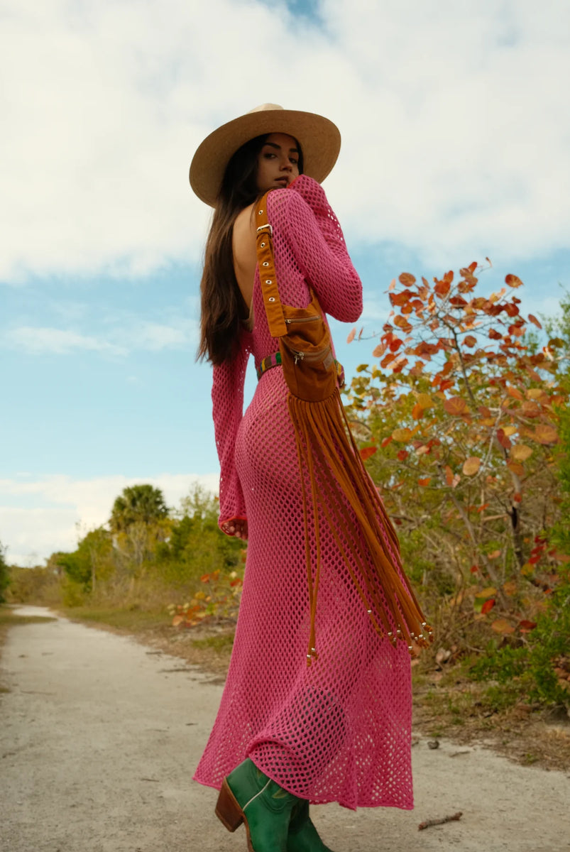 Crochet U-Back Maxi Dress Hot Pink