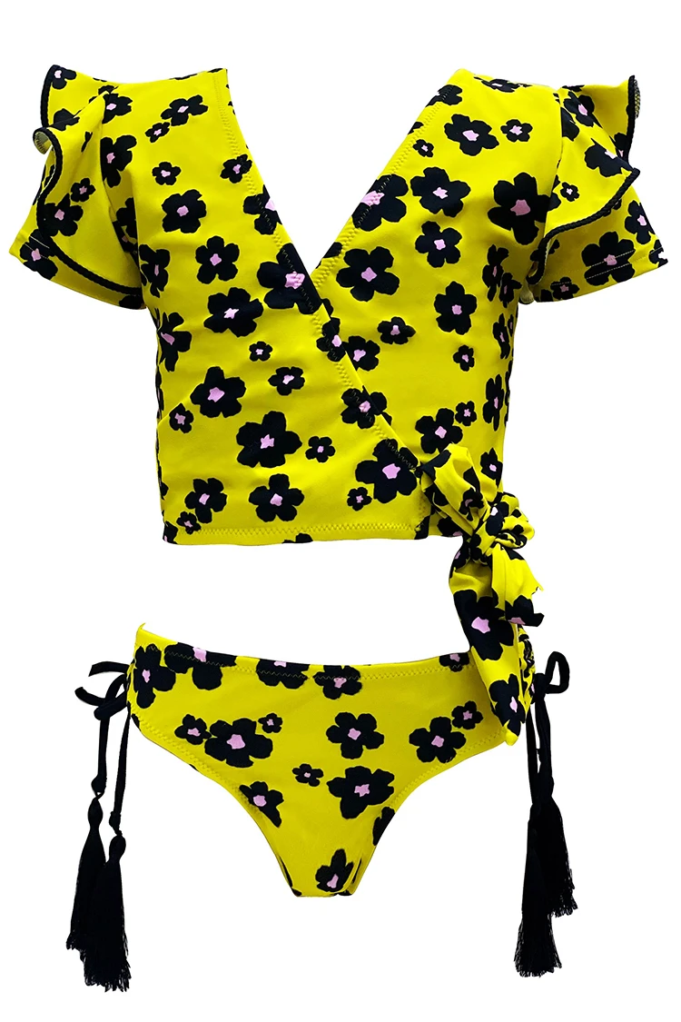 Girls Yellow Bikini Set with Floral Print | Bikini With Ruffle Sleeves